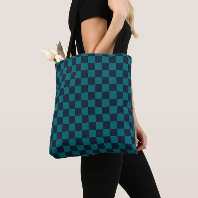 Navy blue and green checkerboard design tote bag | Zazzle