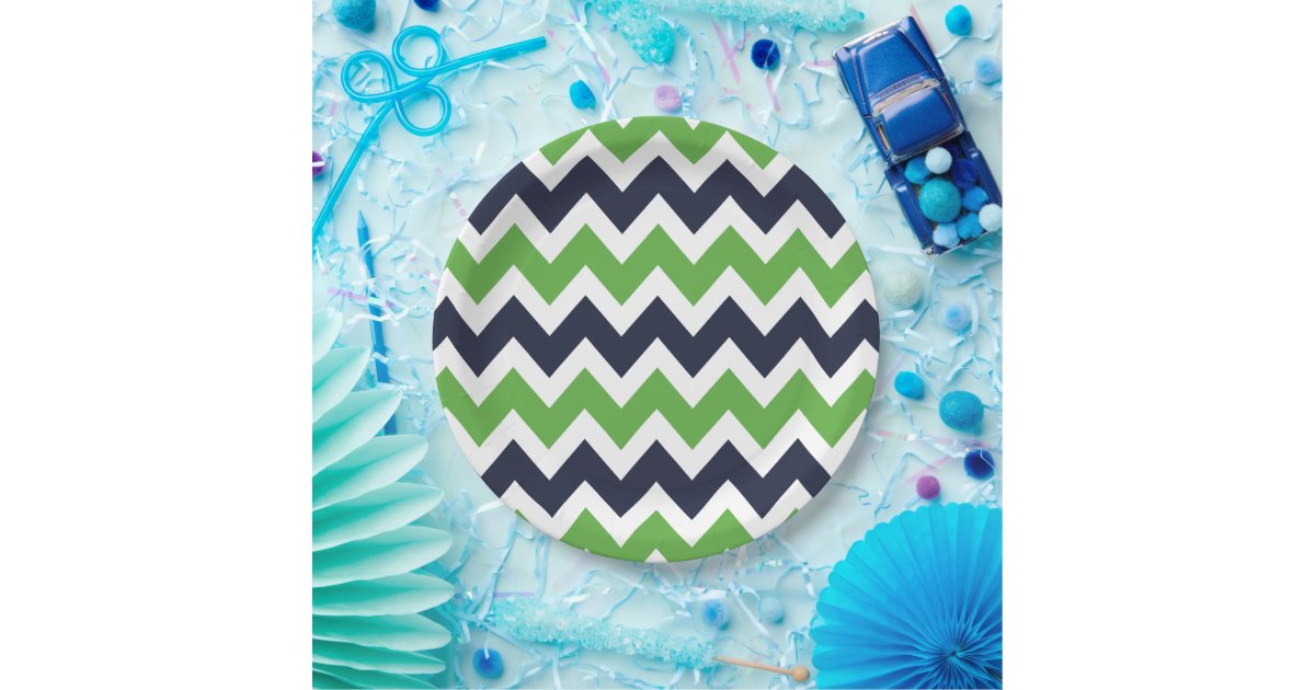 Navy Blue and Green Chevron Paper Plates | Zazzle