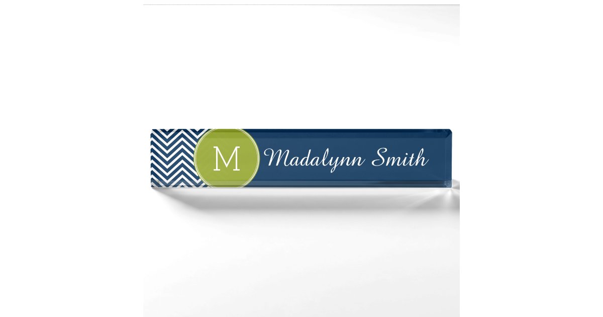 Navy Blue and Lime Green Chevrons Custom Monogram Desk Name Plate | Zazzle