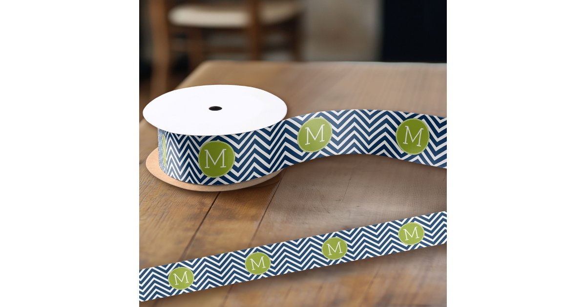 Navy Blue and Lime Green Chevrons Custom Monogram Satin Ribbon | Zazzle