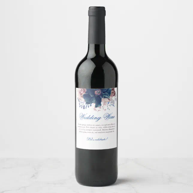 Navy Blue and Mauve Floral Watercolor Wedding Wine Label | Zazzle
