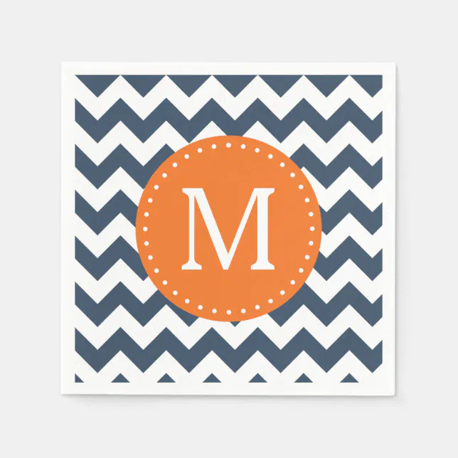 Navy Blue and Orange Chevron Custom Monogram Paper Napkins | Zazzle