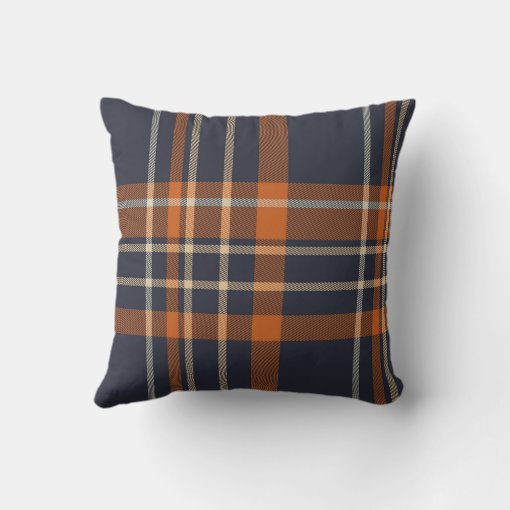 Navy Blue and Orange Plaid Throw Pillow | Zazzle