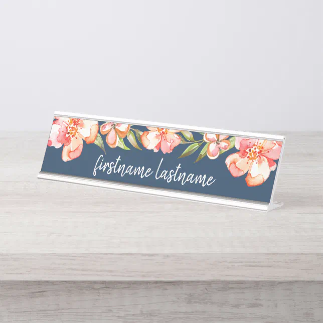 Navy Blue and painted flowers calligraphy name Desk Name Plate | Zazzle