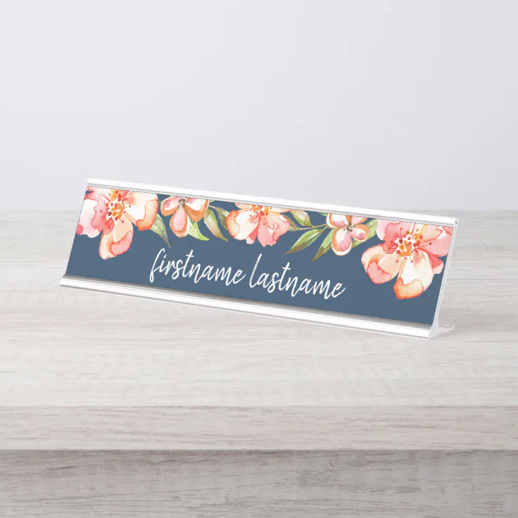 Navy Blue and painted flowers calligraphy name Desk Name Plate | Zazzle