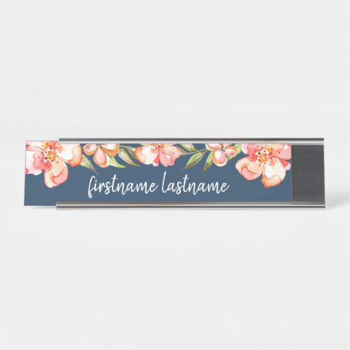 Navy Blue and painted flowers calligraphy name Desk Name Plate | Zazzle