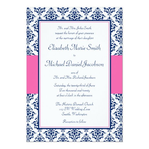 Navy Blue and Pink Damask Wedding Invitations | Zazzle