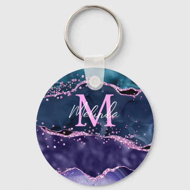 Navy Blue and Purple Glitter Ocean Agate Keychain | Zazzle