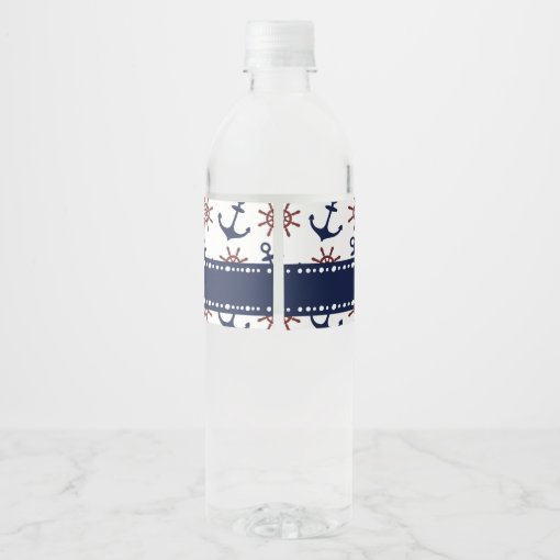 Navy Blue and red Anchor rudder pattern Nautical Water Bottle Label ...