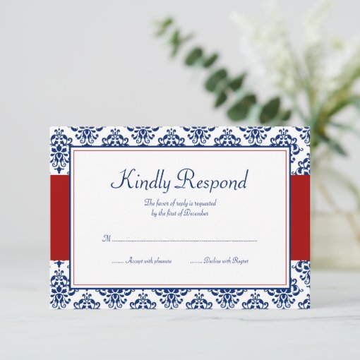 Navy Blue and Red Damask Response Card | Zazzle