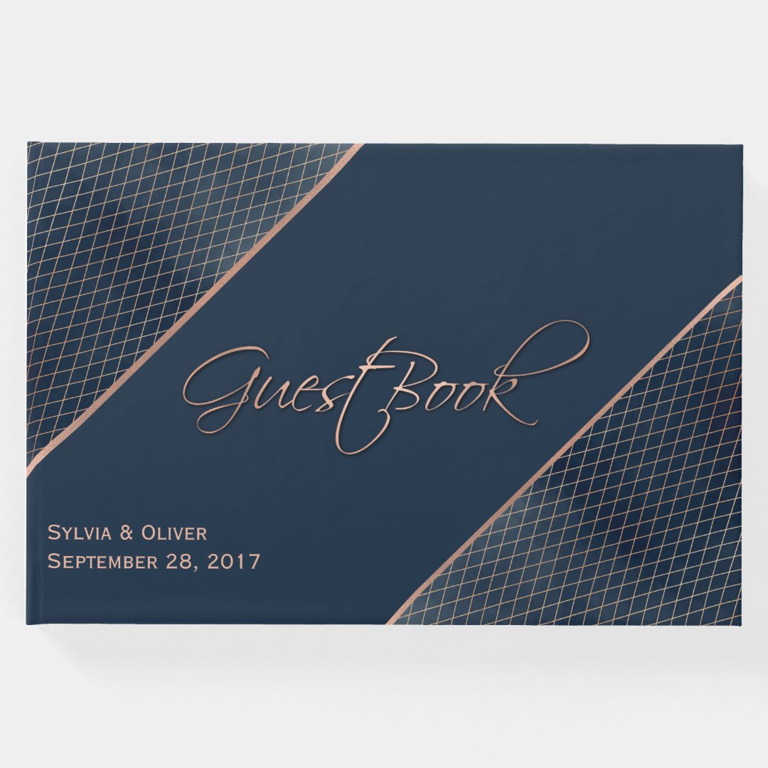 Navy Blue and Rose Gold Custom Guest Book | Zazzle