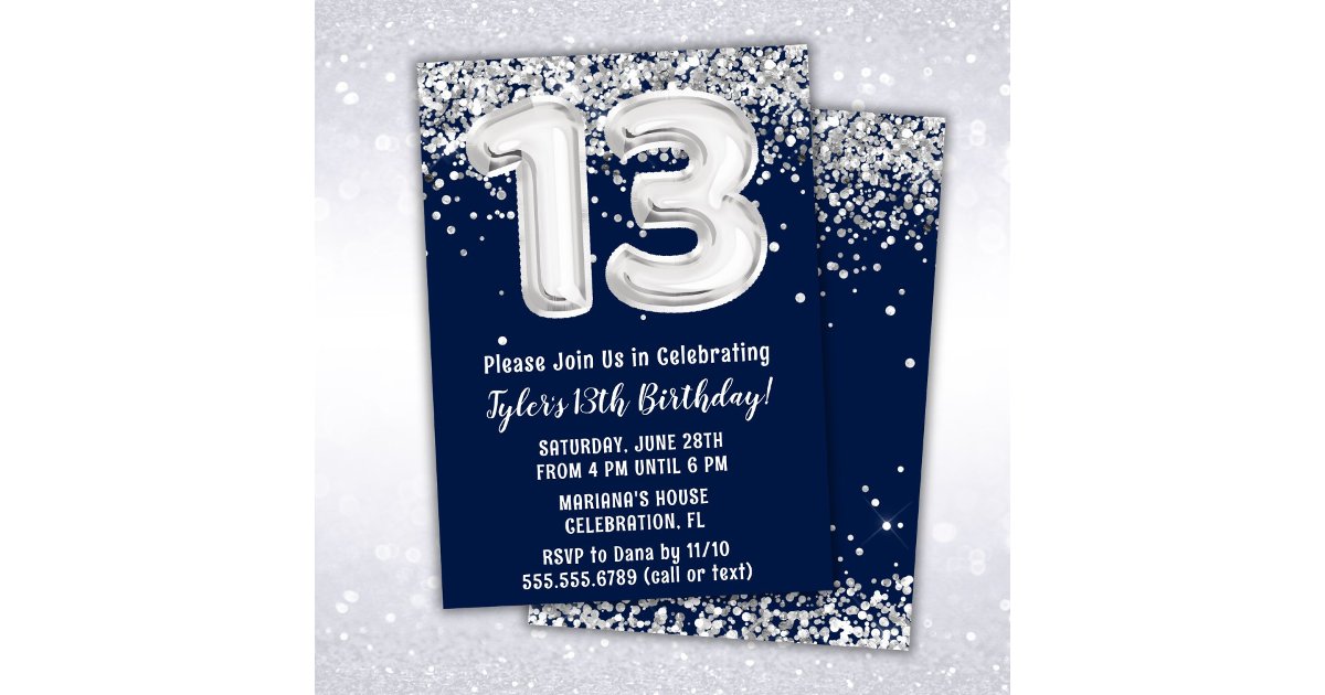 Navy Blue and Silver 13th Birthday Invitation | Zazzle