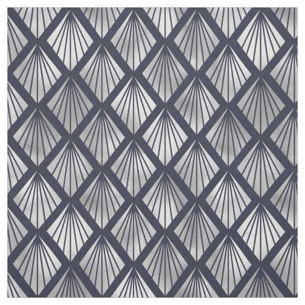 Navy Blue and Silver Art Deco Shell Pattern Fabric | Zazzle