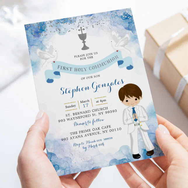 Navy Blue and Silver Boy First Holy Communion Invitation | Zazzle