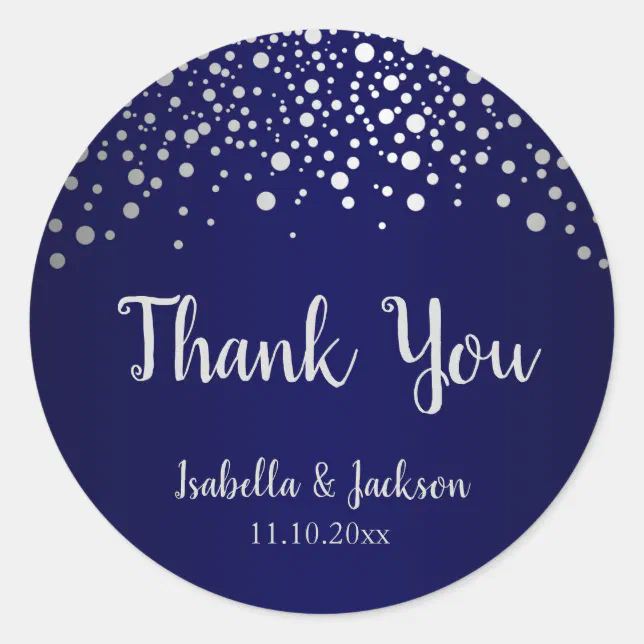 Navy Blue and Silver Confetti Dots Classic Round Sticker | Zazzle
