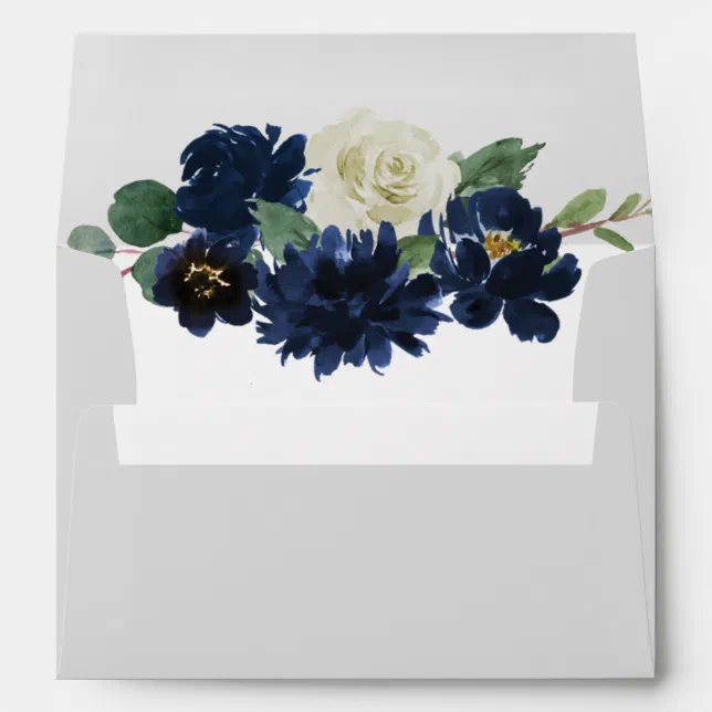 Navy Blue and Silver Elegant Ivory Floral Wedding Envelope | Zazzle