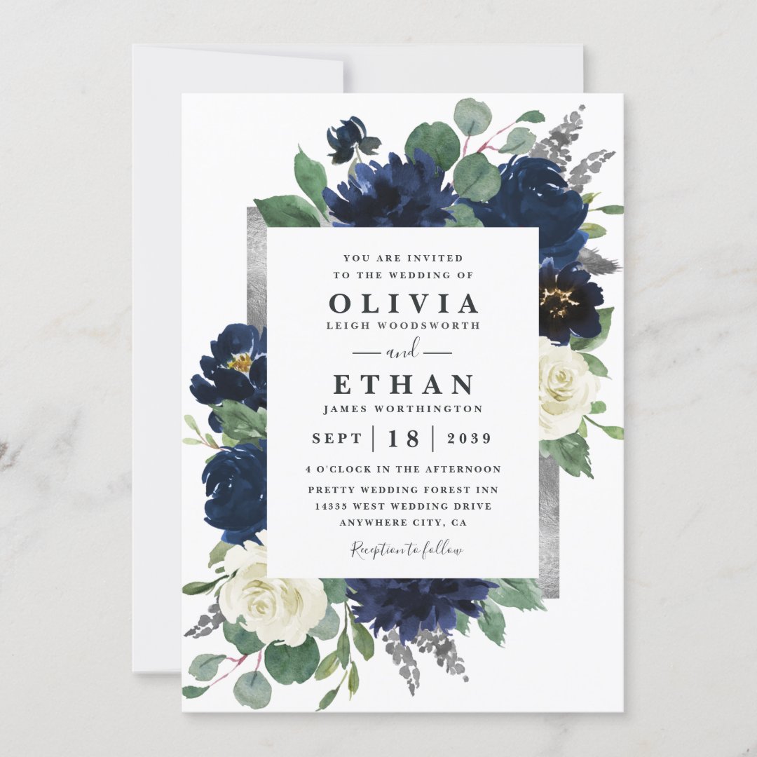 Navy Blue and Silver Elegant Ivory Floral Wedding Invitation | Zazzle