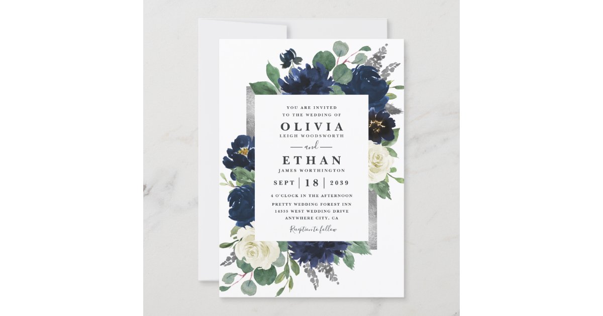 Navy Blue and Silver Elegant Ivory Floral Wedding Invitation | Zazzle