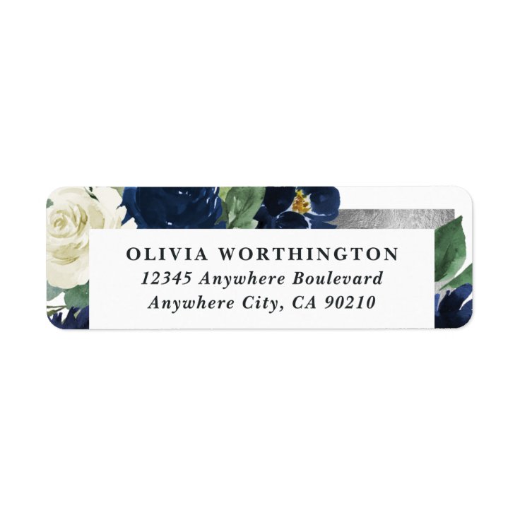 Navy Blue and Silver Elegant Ivory Floral Wedding Label | Zazzle