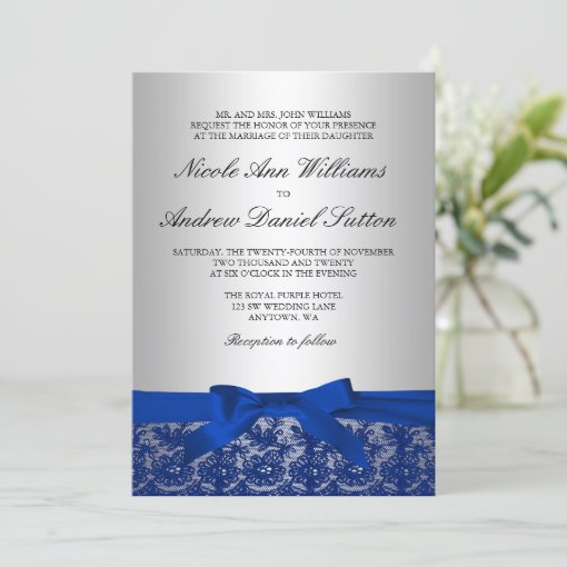Navy Blue and Silver Lace Wedding Invitation | Zazzle