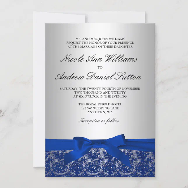 Navy Blue and Silver Lace Wedding Invitation | Zazzle