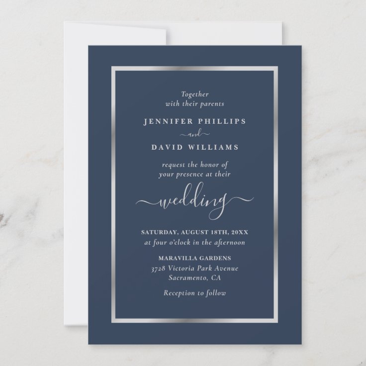 Navy Blue and Silver Wedding Invitation | Zazzle