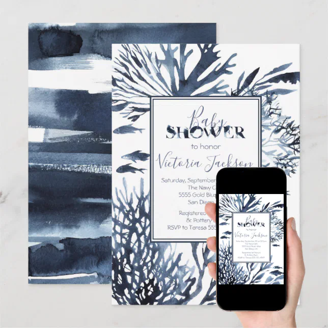 Navy Blue and White Coral Reef Baby Shower Invitation | Zazzle