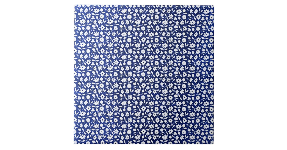 Navy blue and white floral pattern ceramic tile | Zazzle