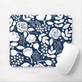 Navy blue and white floral pattern mouse pad | Zazzle