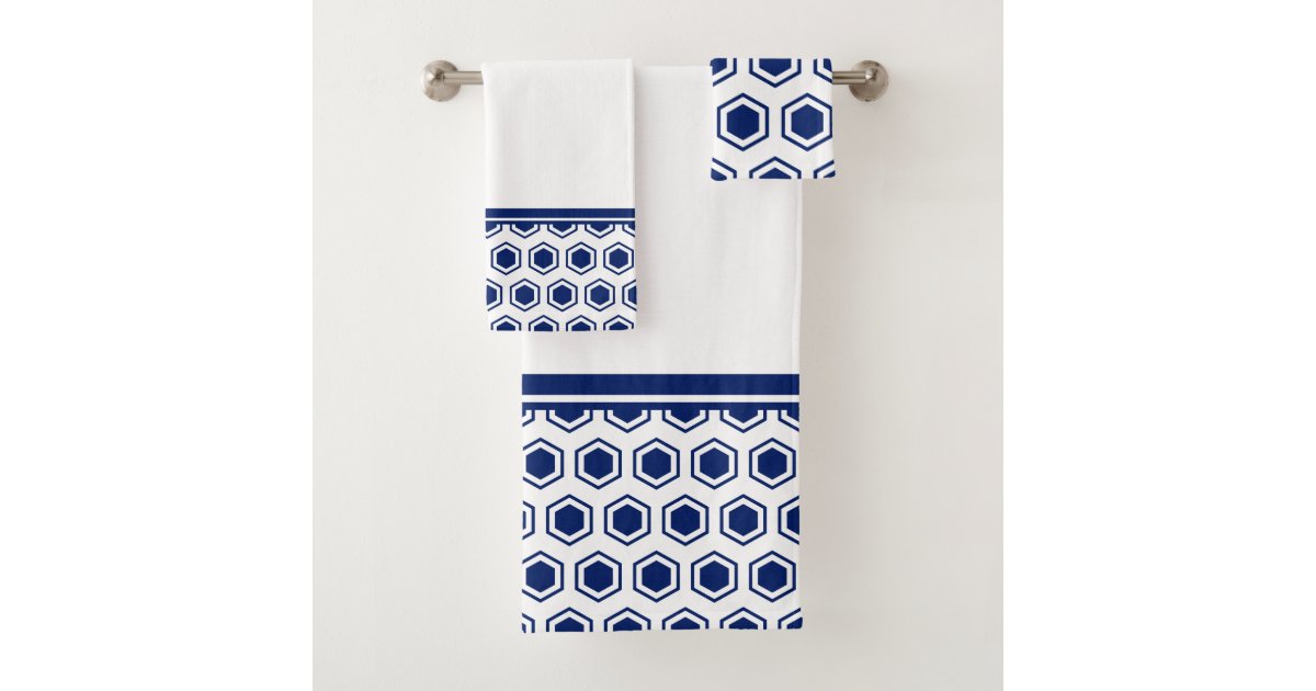 Navy Blue and White Hexagonal Pattern Bath Towel Set | Zazzle