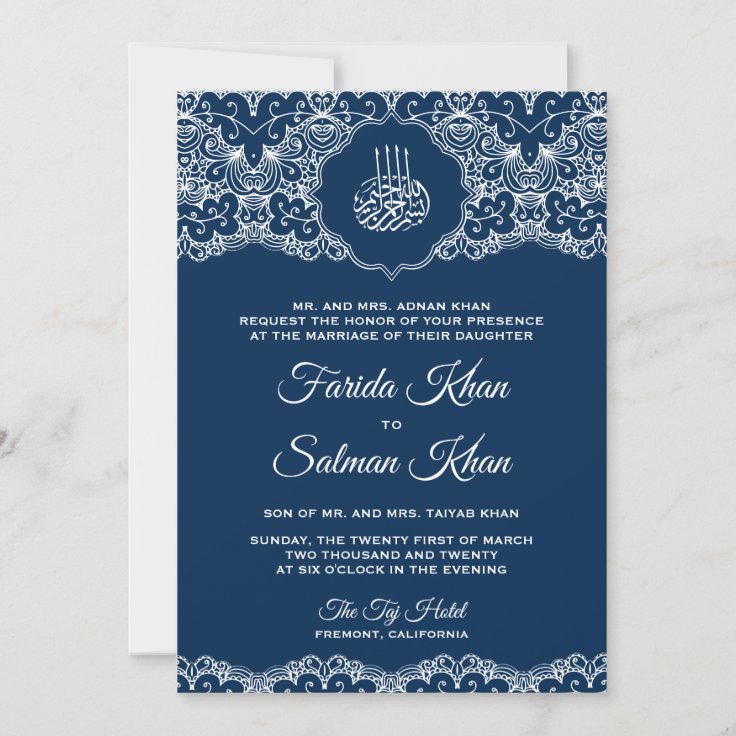 Navy Blue and White Lace Islamic Muslim Wedding Invitation | Zazzle