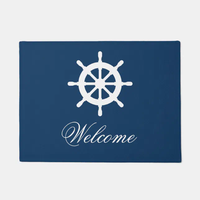 Navy blue and white nautical custom door mat | Zazzle