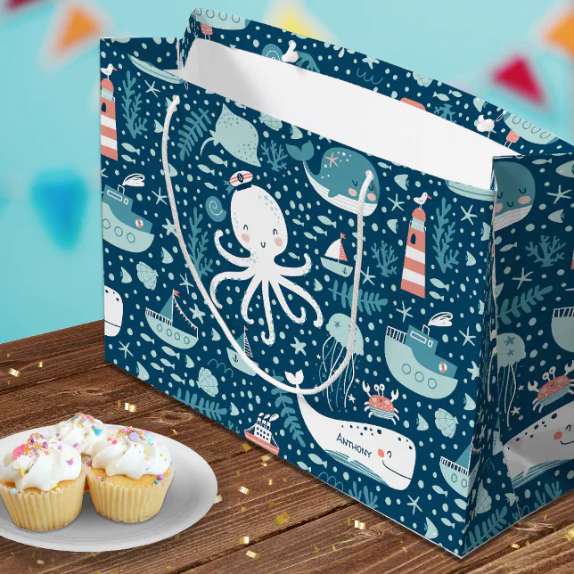 Navy Blue and White Nautical Ocean Pattern Boy Large Gift Bag | Zazzle