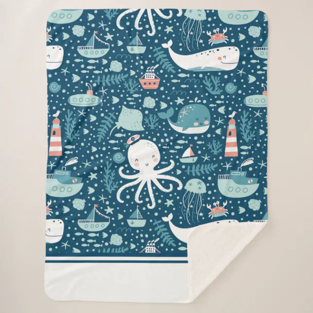Navy Blue and White Nautical Ocean Pattern Boy Sherpa Blanket | Zazzle
