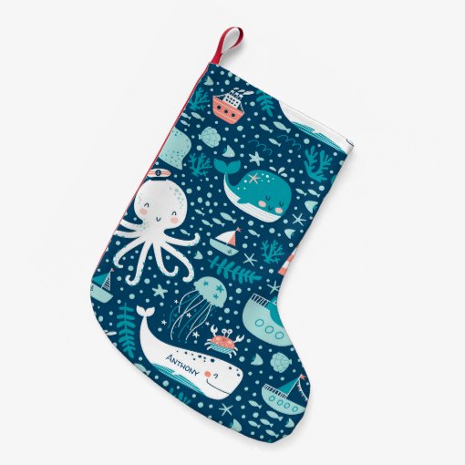 Navy Blue and White Nautical Ocean Pattern Boy Small Christmas Stocking ...