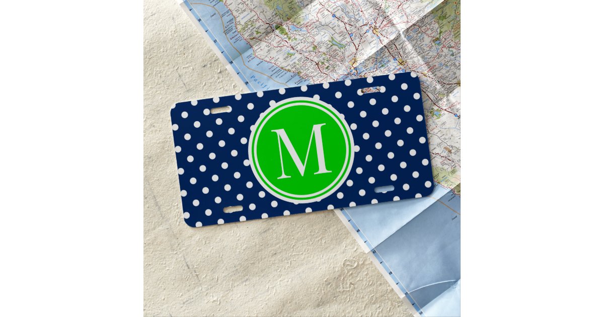Navy Blue and White Polka Dot With Green Monogram License Plate | Zazzle