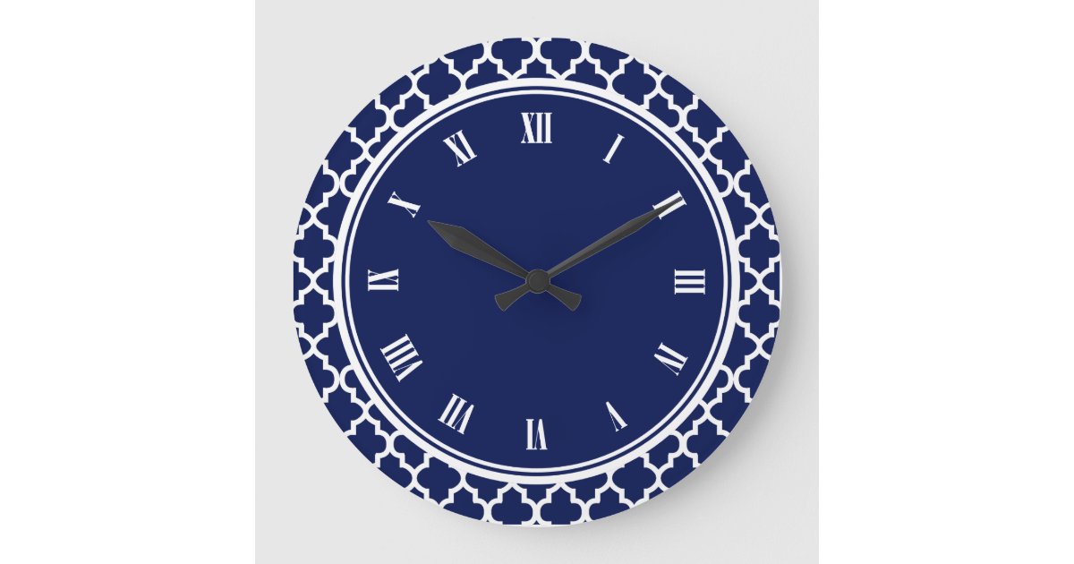 Navy Blue and White Quatrefoil Pattern Large Clock | Zazzle