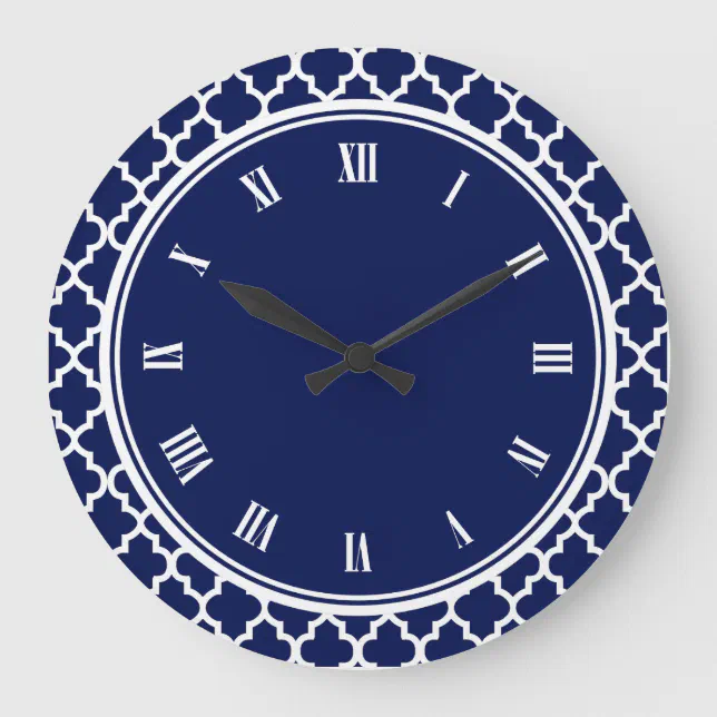 Navy Blue and White Quatrefoil Pattern Large Clock | Zazzle