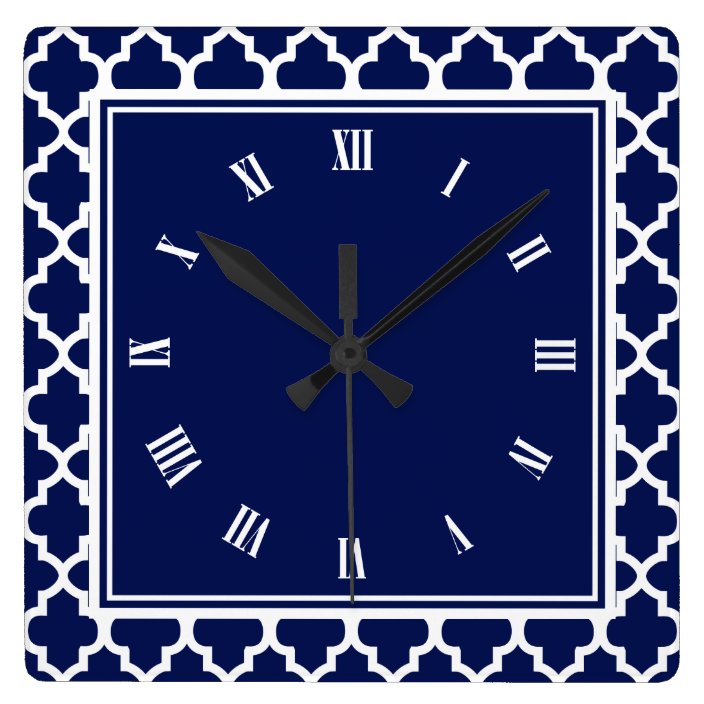 Navy Blue and White Quatrefoil Pattern Square Wall Clock | Zazzle