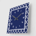 Navy Blue and White Quatrefoil Pattern Square Wall Clock | Zazzle