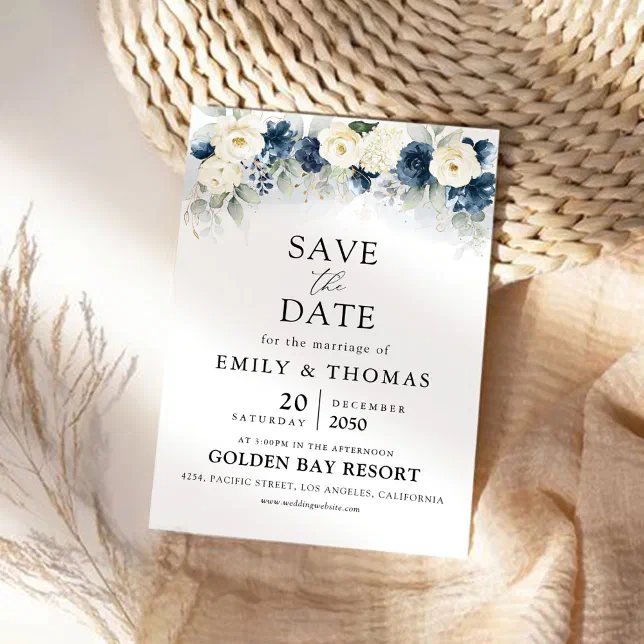 Navy Blue and White Rose Save The Date Cards | Zazzle