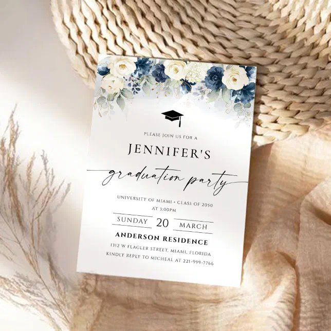 Navy Blue and White Roses Graduation Party Invitation | Zazzle