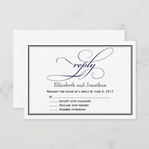 Navy Blue and White Script Wedding Reply Card | Zazzle