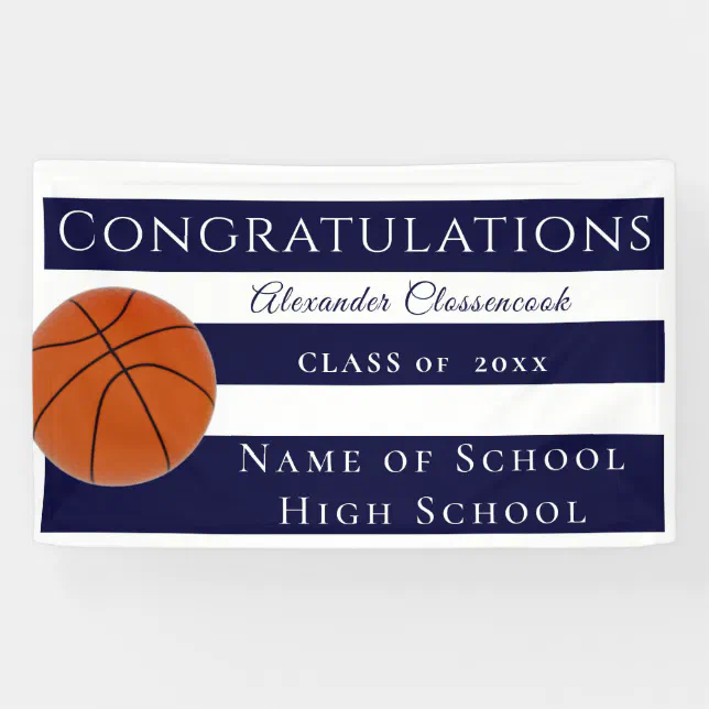 Navy Blue and White Striped Basketball graduation Banner | Zazzle