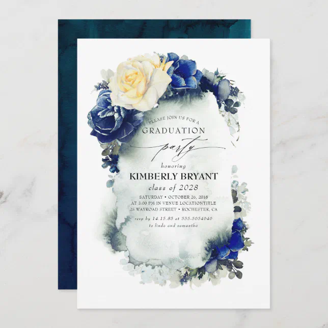 Navy Blue and Yellow Floral Vintage Graduation Invitation | Zazzle