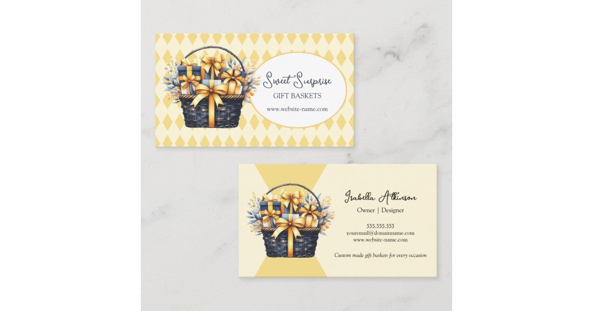 Navy Blue and Yellow Gift Basket Business Card | Zazzle