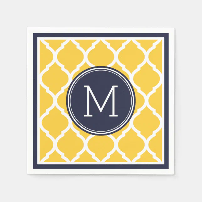 Navy Blue and Yellow Quatrefoil Wedding Monogram Paper Napkins | Zazzle