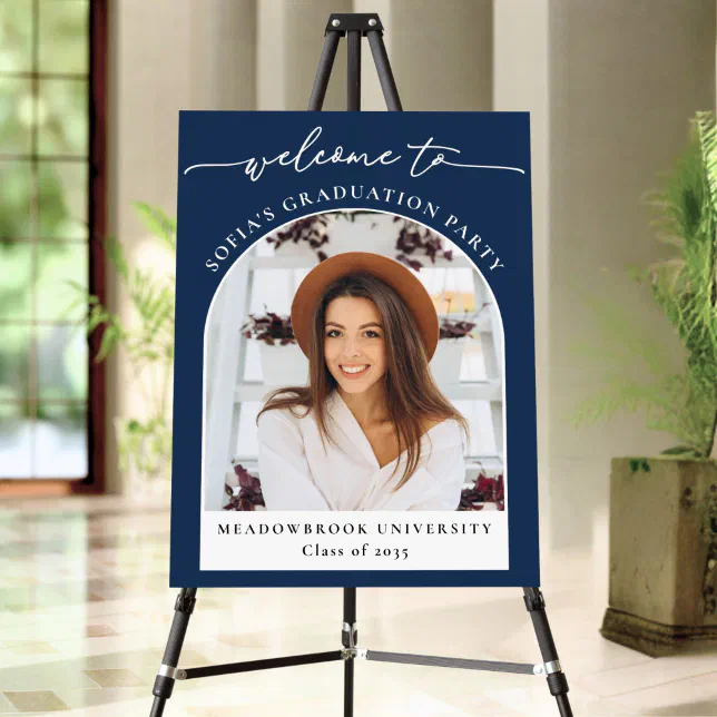 Navy Blue Arch Photo Graduation Welcome Sign | Zazzle