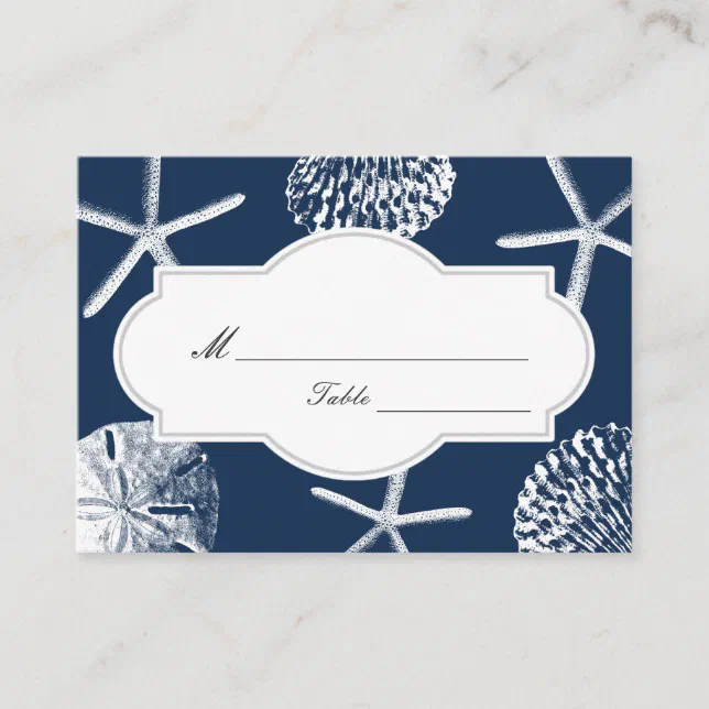 Navy Blue Beach Seashells Wedding Place/Seating Place Card | Zazzle