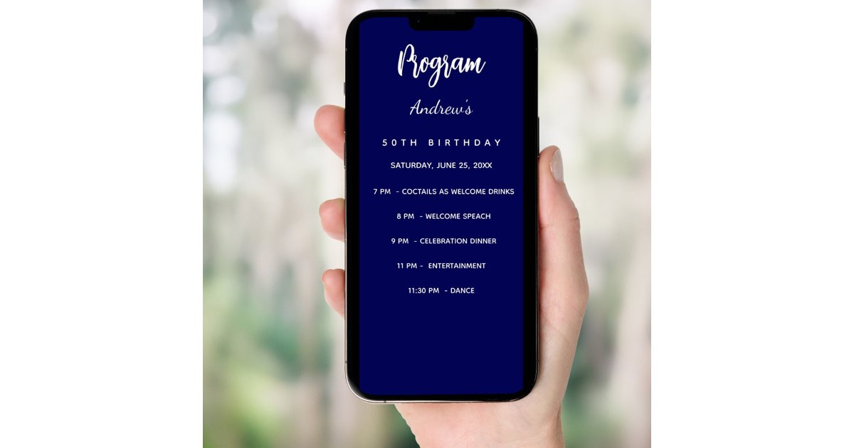 Navy blue birthday program dinner menu card | Zazzle
